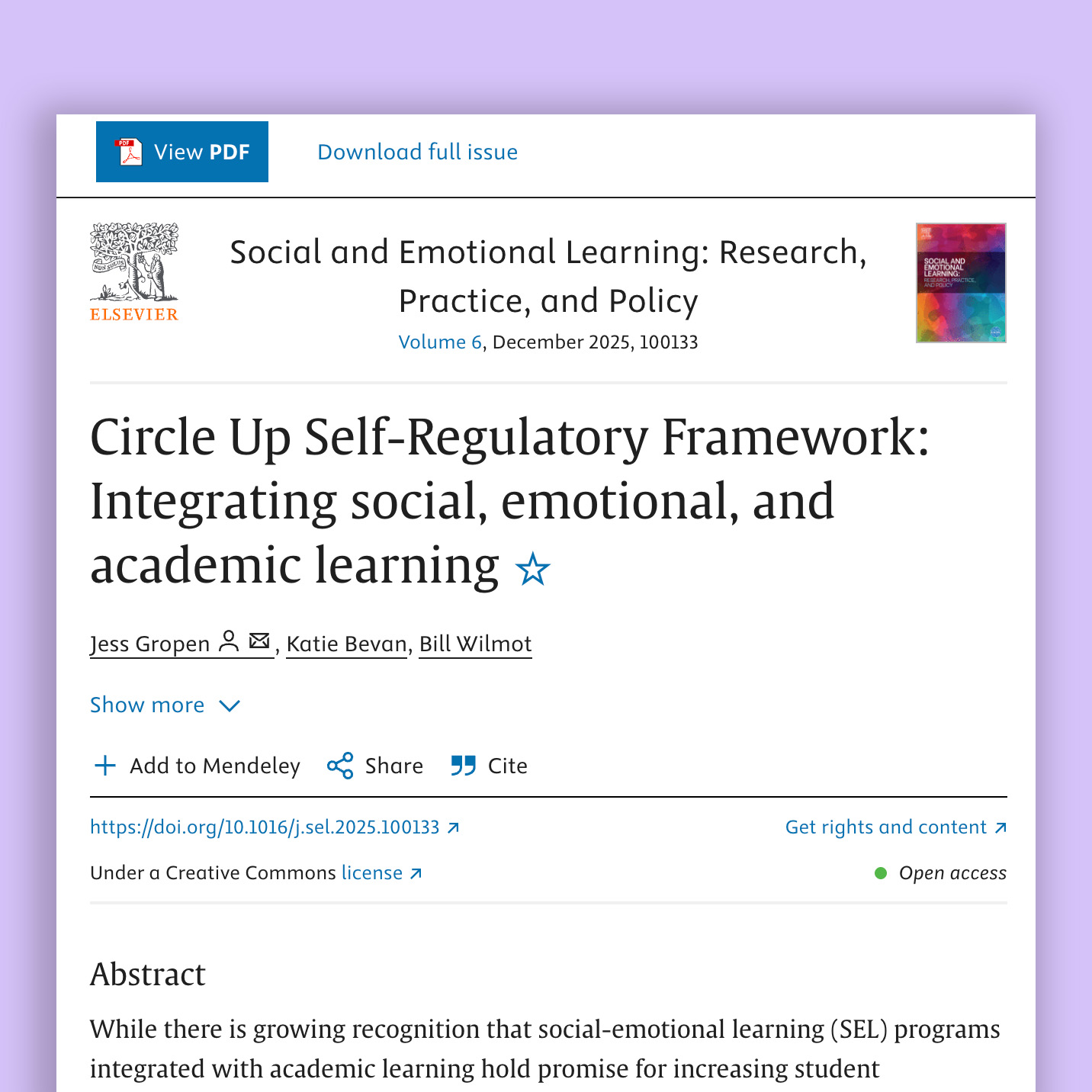 Circle Up Self-Regulatory Framework: Integrating social, emotional, and academic learning